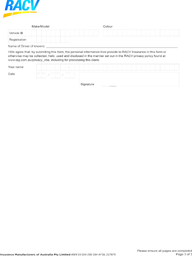 RACV Claim Form Page 3 | PDF