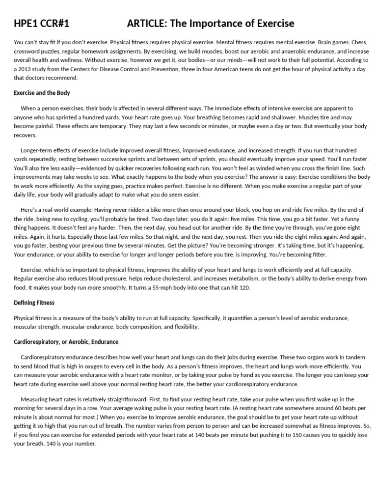 2023-24 CCR PROMPT RUBRIC ARTICLE The Importance of Exercise | PDF ...