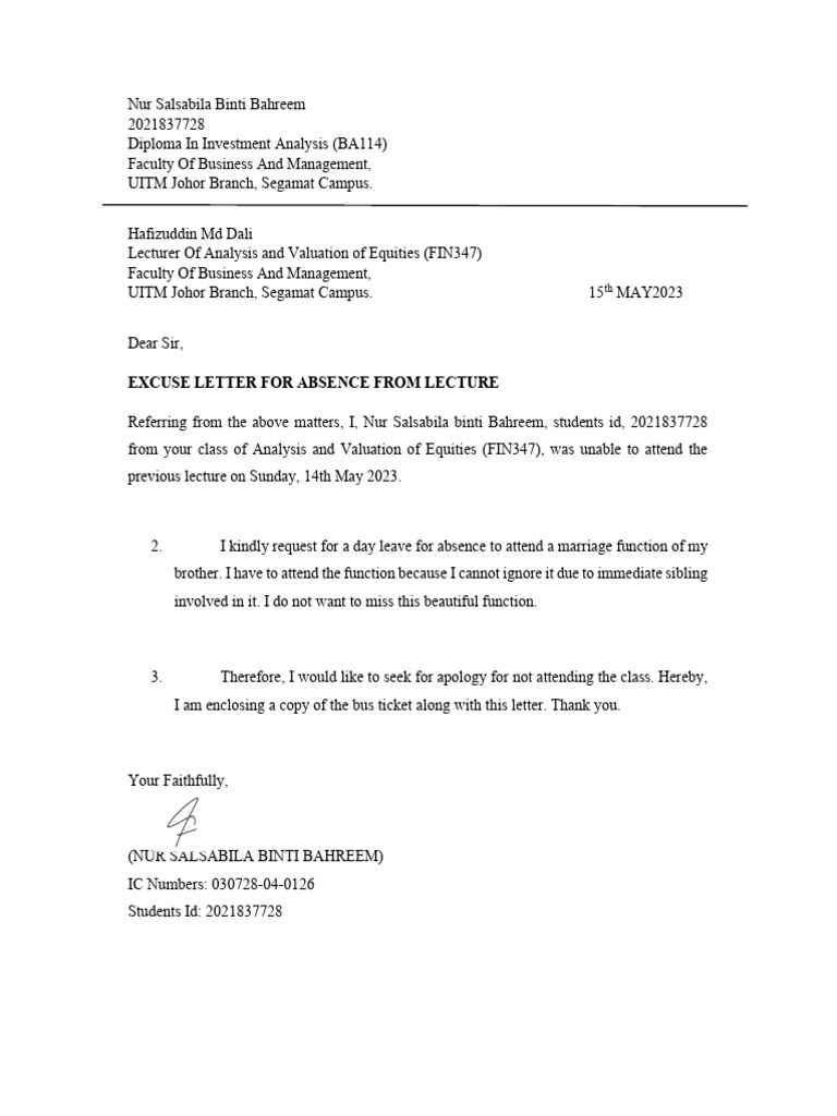 Absent Letter Fin347 | PDF