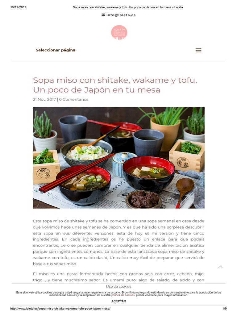 Sopa Miso Con Shitake, Wakame y Tofu | PDF | Cookie HTTP | tofu
