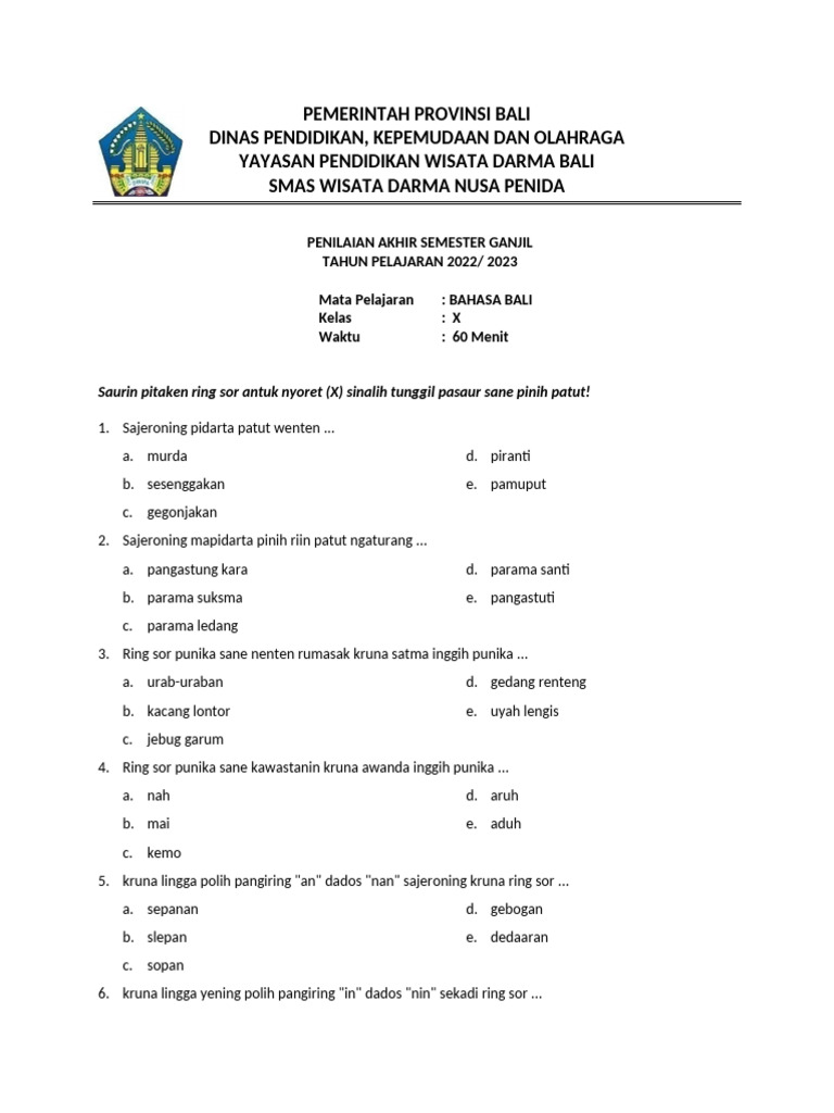 Soal Bahasa Bali Dek Ayu 2021 | PDF | Seni & Disiplin Bahasa