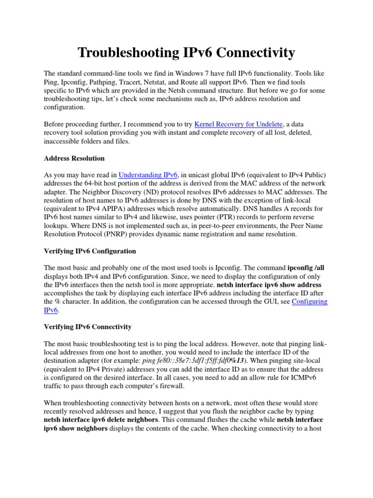 Troubleshooting IPv6 Connectivity | PDF | I Pv6 | Network Protocols Troubleshooting IPv6 Connectivity | PDF | I Pv6 | Network Protocols