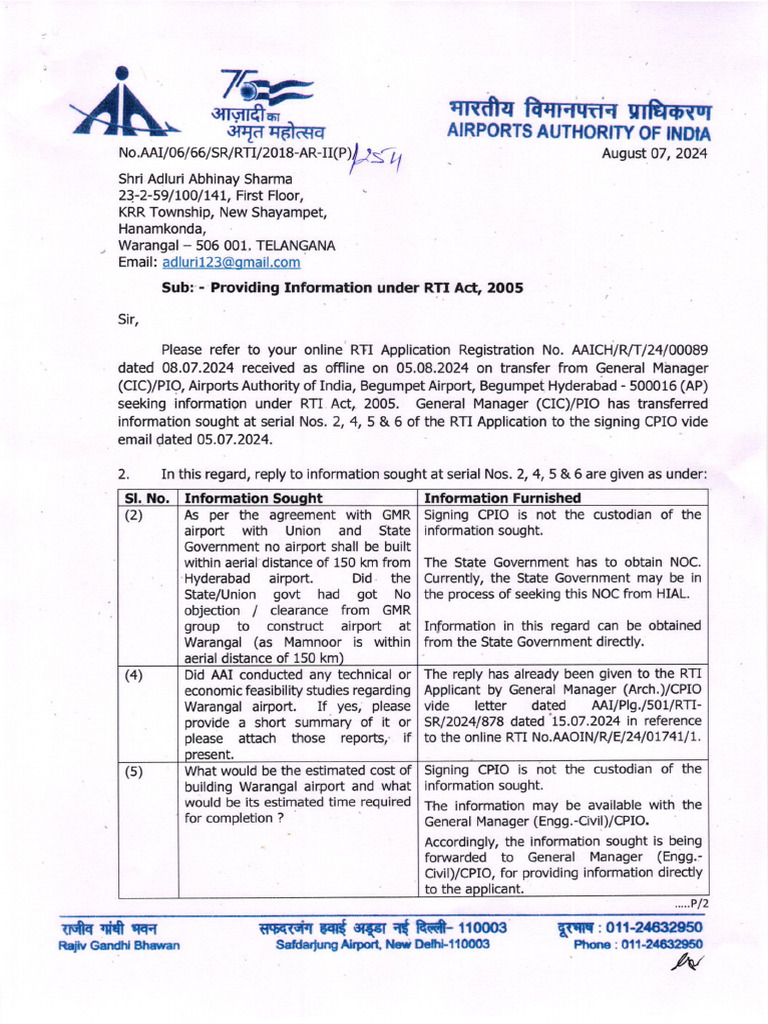 Offline RTI Reply - Adluri Abhinay Sharma | PDF | Government Of India