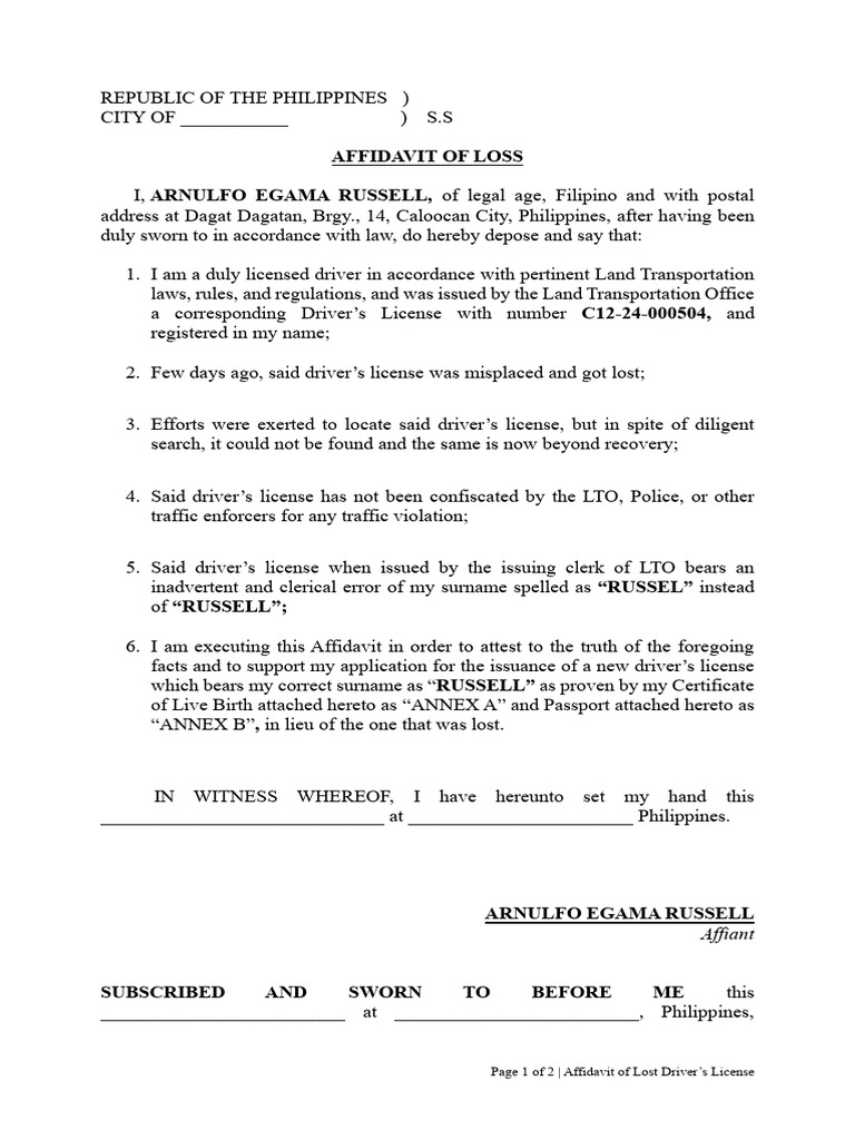 Affidavit of Lost Driver's License | PDF | Law