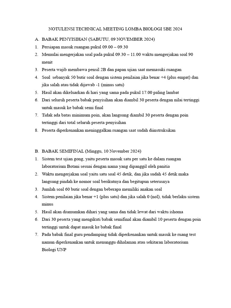 Notulensi Technical Meeting Lomba Biologi Sbe 2024 | PDF | Sains ...