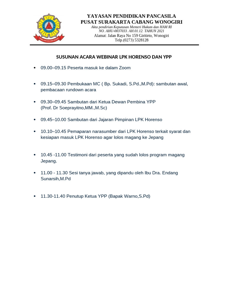 Rundown Acara Webinar LPK Horenso Dan YPP | PDF