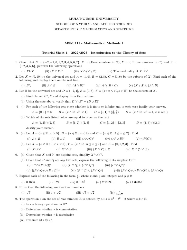 MSM 111 - Theory of Sets - T1 | PDF | Mathematics | Mathematical Logic