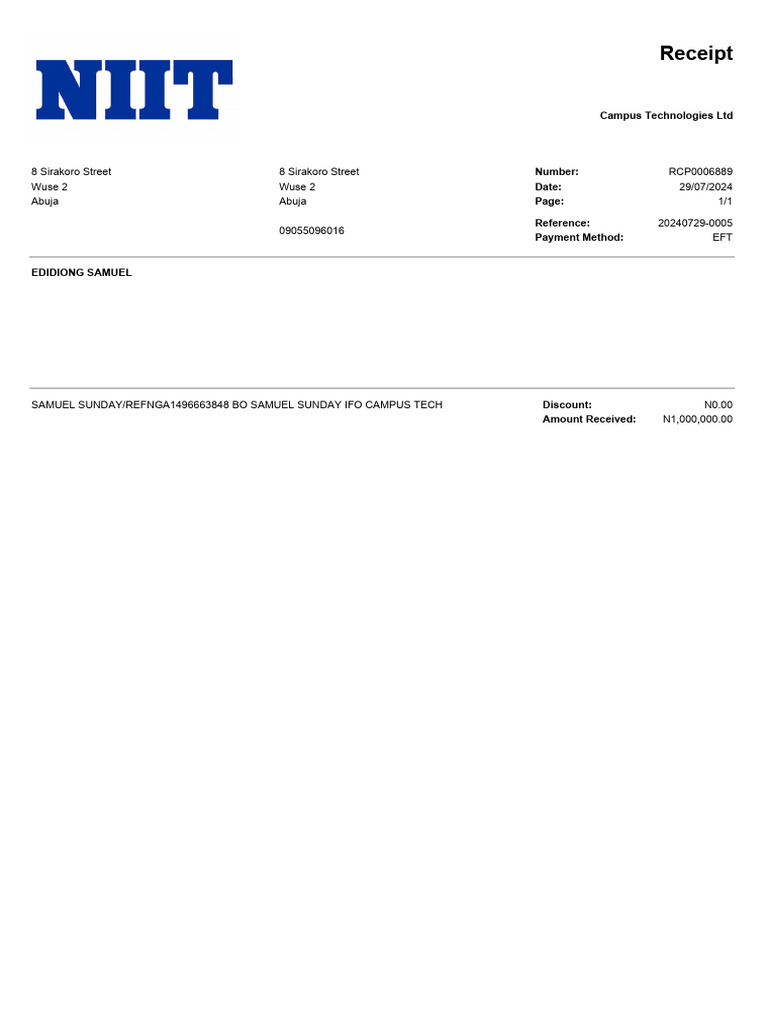 Receipt for EFT Payment to Campus Tech | PDF
