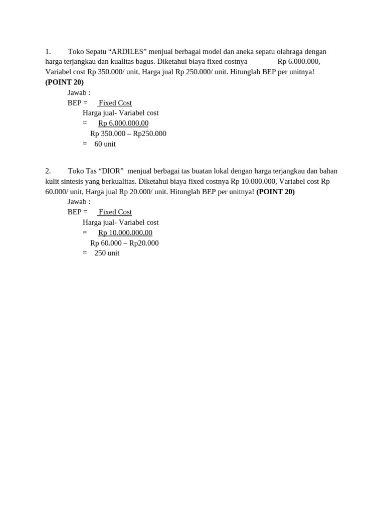 Contoh Latihan Soal Penghitungan BEP | PDF