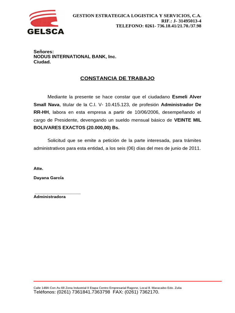 Carta de Referencia Laboral | PDF