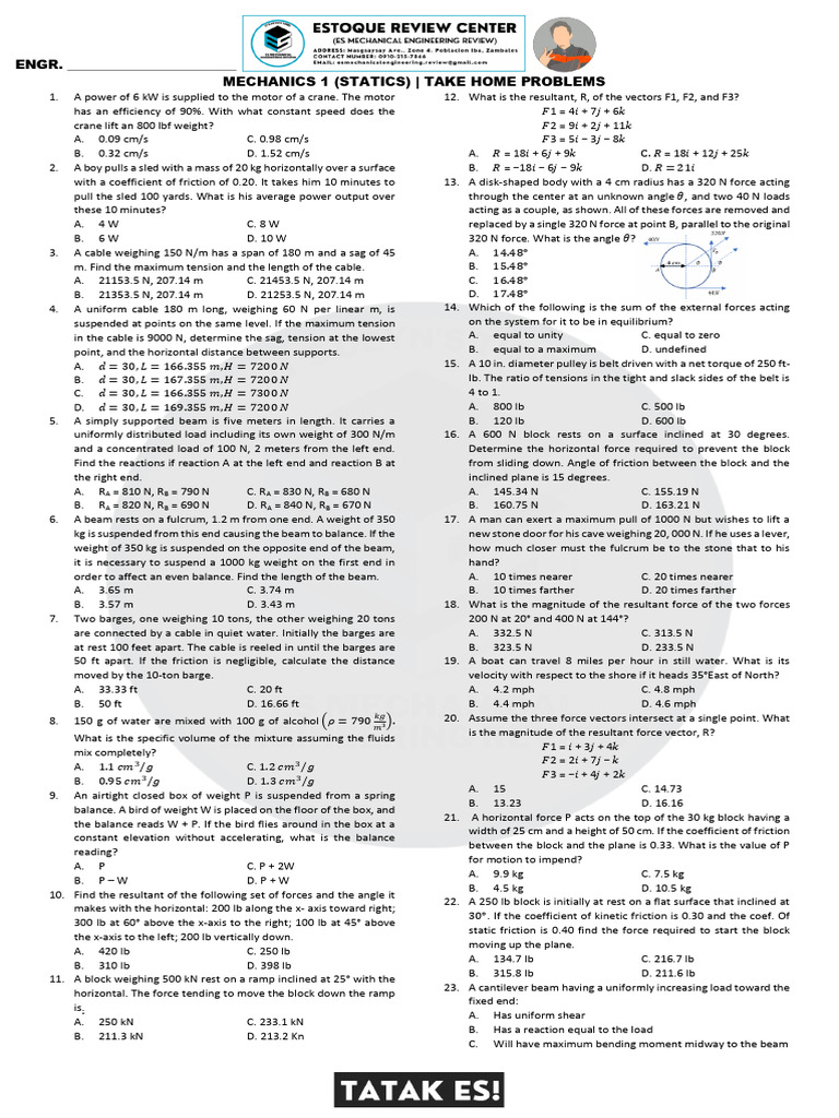 DAY 19 - MECHANICS 1 (STATICS) L TAKE HOME PROBLEMS | PDF | Force | Torque