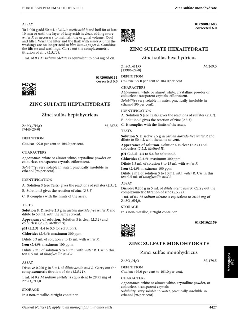 Zinc Sulfate Standards Guide | PDF | Solubility | Acid