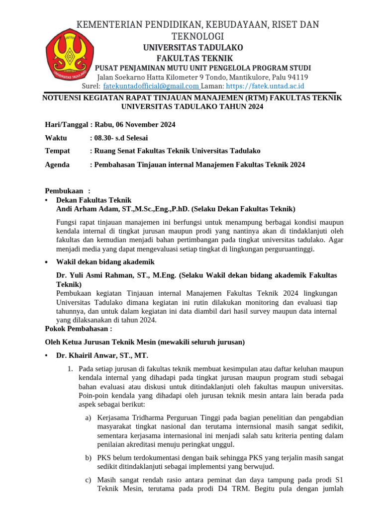 Notulensi Kegiatan RTM Fatek Universitas Tadulako Tahun 2024-3 | PDF