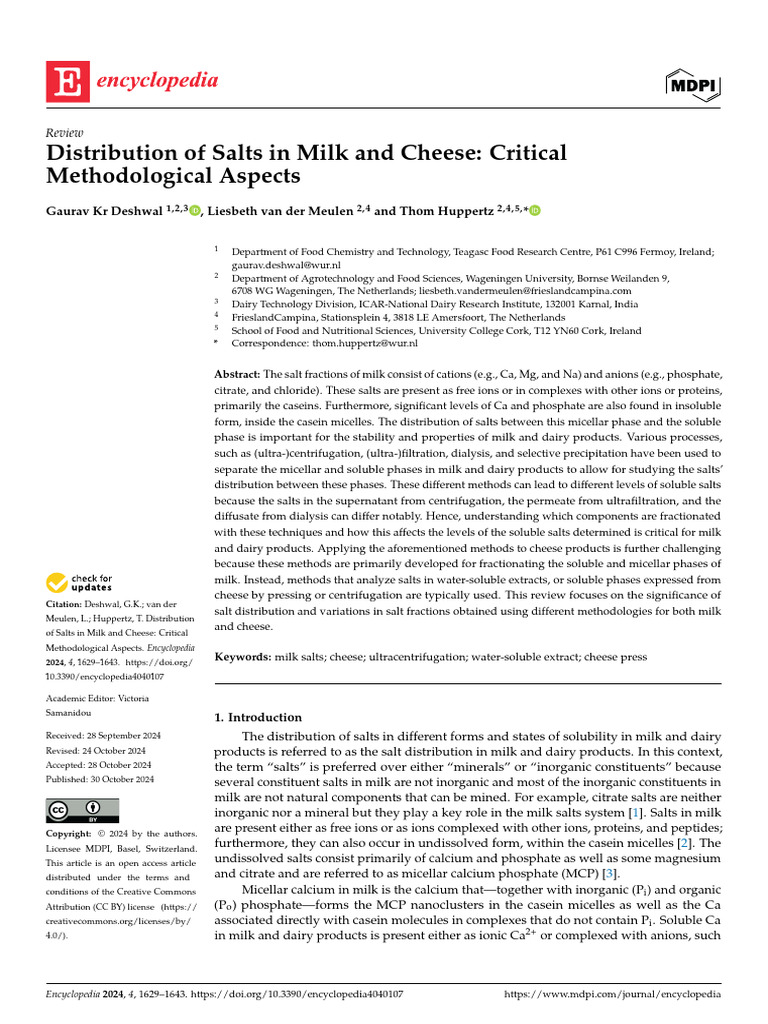 Distribution of Salts in Milk and Cheese Critical | PDF | Milk | Solubility