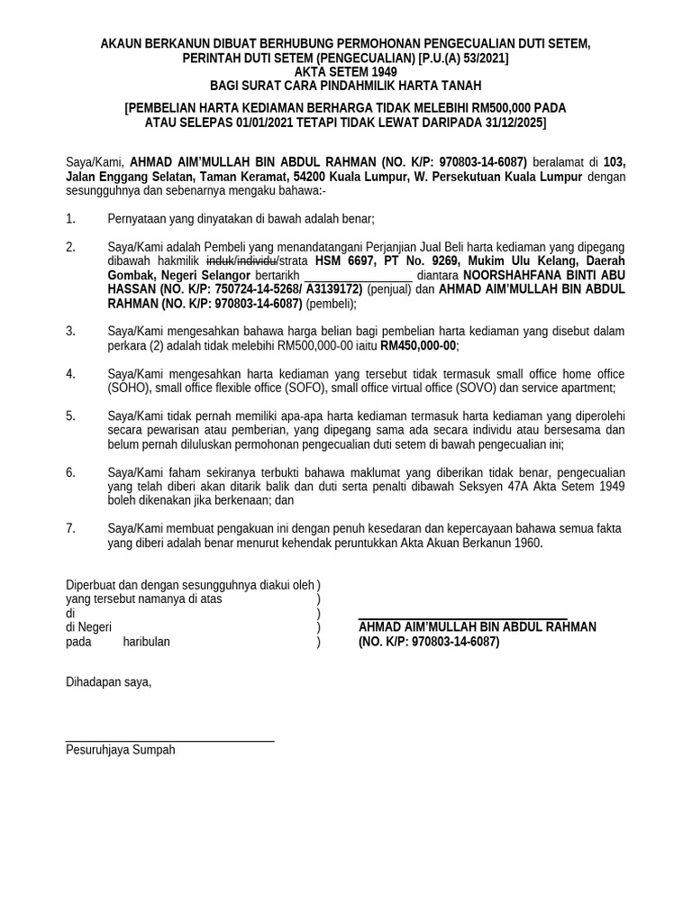 Surat Akuan Peremitan PUA 53 - 2021 (Pindahmilik) | PDF | Pengelolaan Keuangan & Uang
