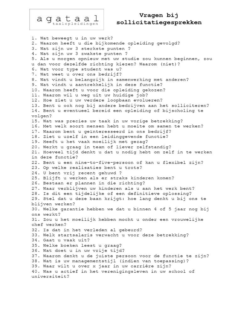 Vragen Bij Sollicitatiegesprekken - Kort Overzicht | PDF