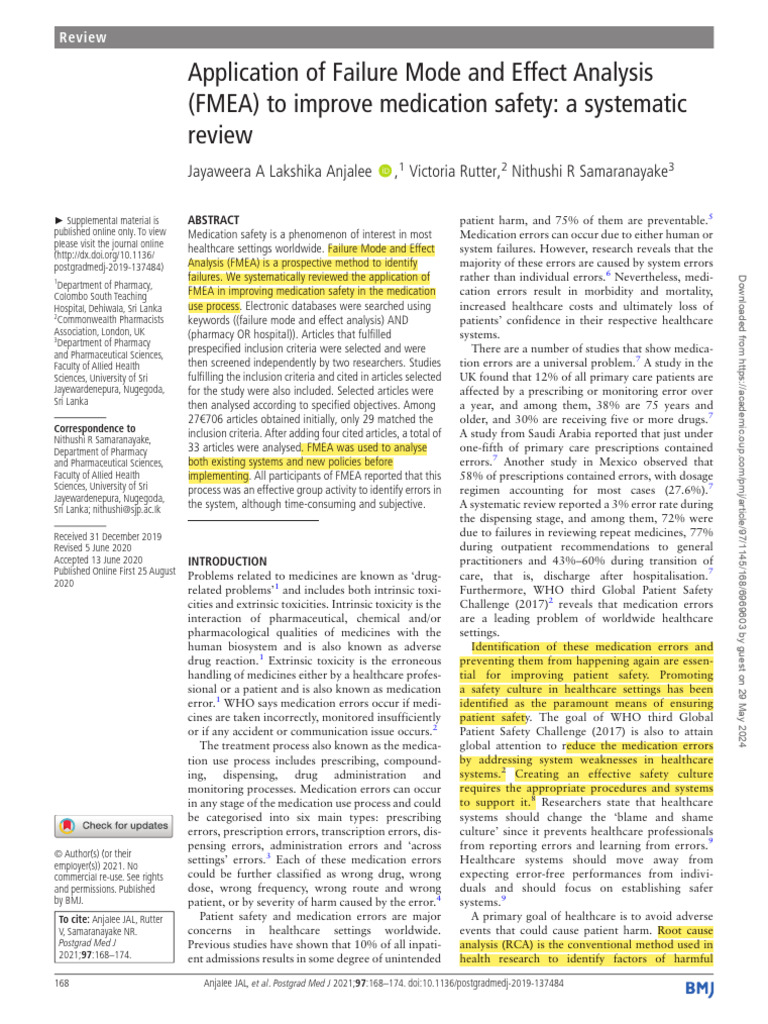 Application of Failure Mode and Effect Analysis (FMEA) To Improve ...