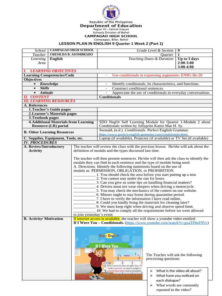 G9 Q1 Week2 Conditionals (Part 1) | PDF | Learning | Language Mechanics