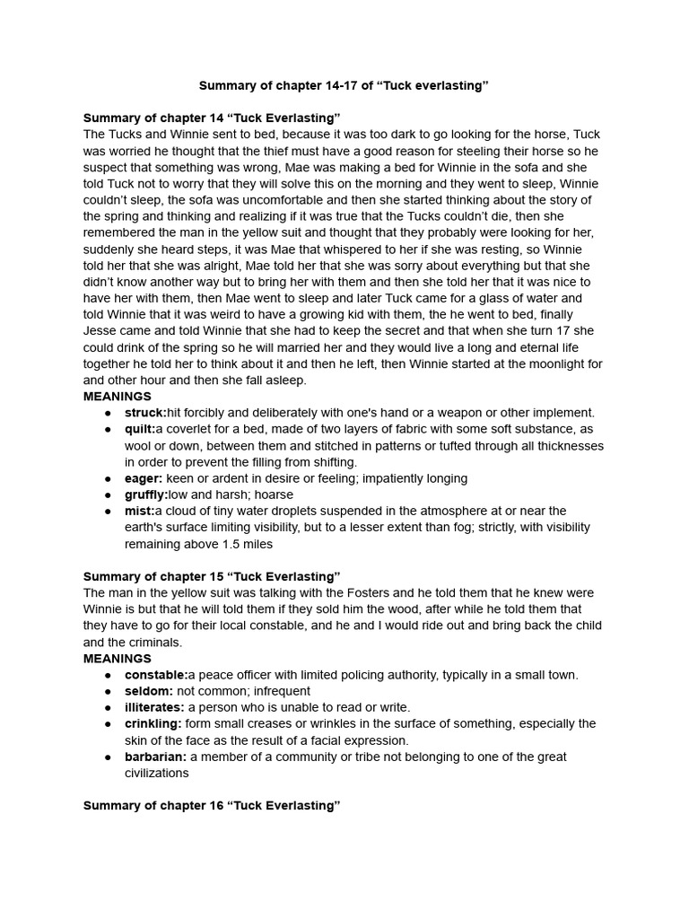 Tuck Everlasting Summary of Chapters 14,15,16 | PDF | Mystery, Thriller ...