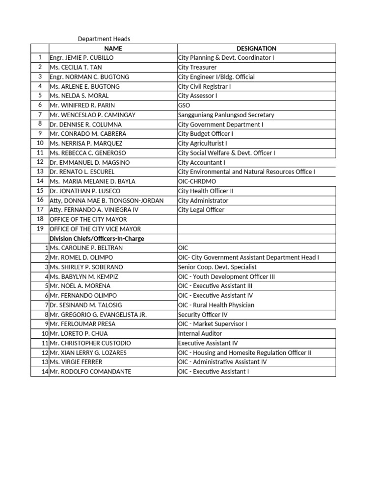 Department Heads-Division Chiefs-Officers-In-Charge | PDF