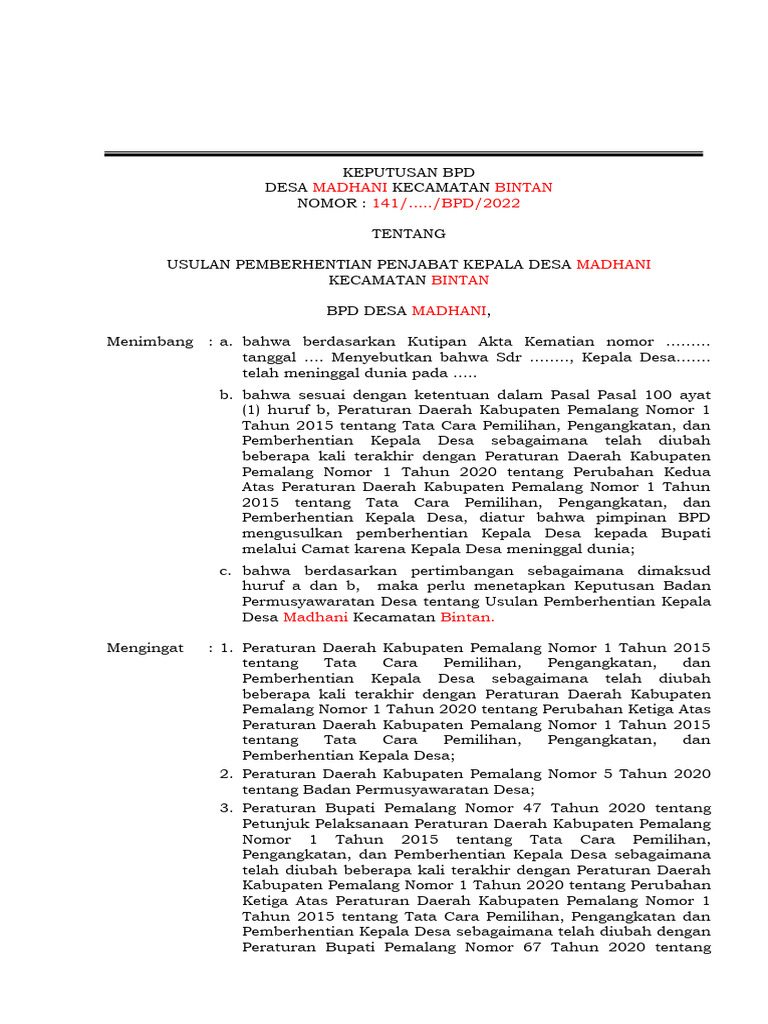 Contoh Keputusan BPD Usulan Pemberhentian Kepala Desa | PDF