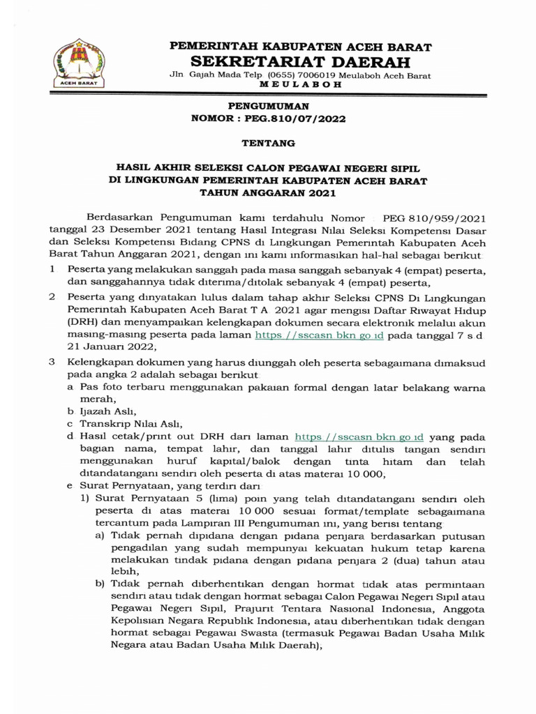 Pengumuman Hasil Akhir CPNS 2021 | PDF