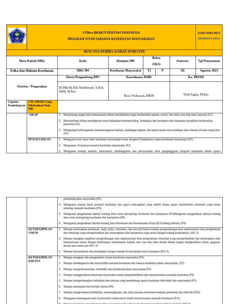 RPS MK Etika Dan Hukum Kesehatan 2023 | PDF | Karier & Perkembangan | Sains & Matematika