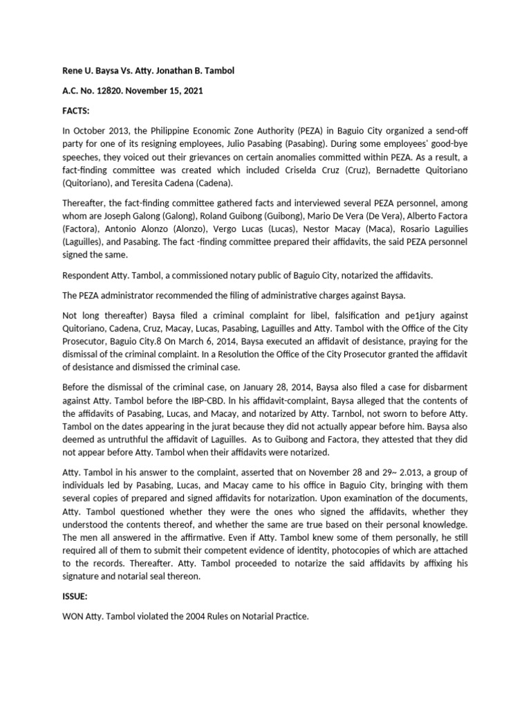 Digested Rene U. Baysa vs. Atty. Jonathan B. Tambol A.C. No. 12820 ...