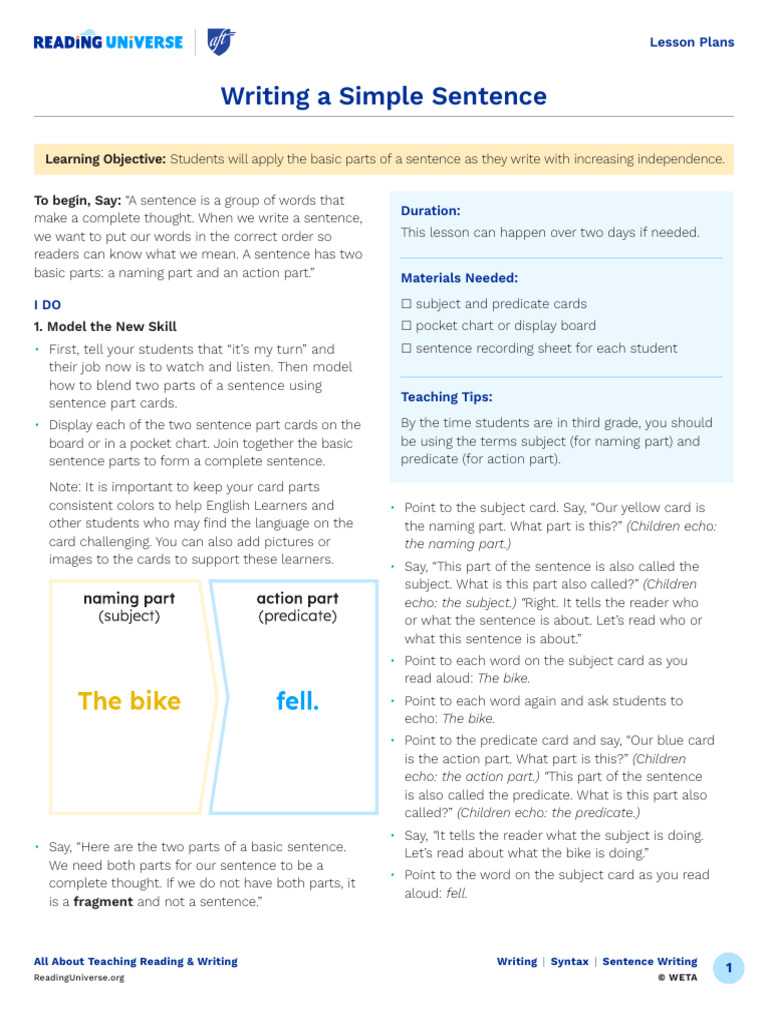 Writing A Simple Sentence Lesson Plan Reading Universe | PDF | Subject ...