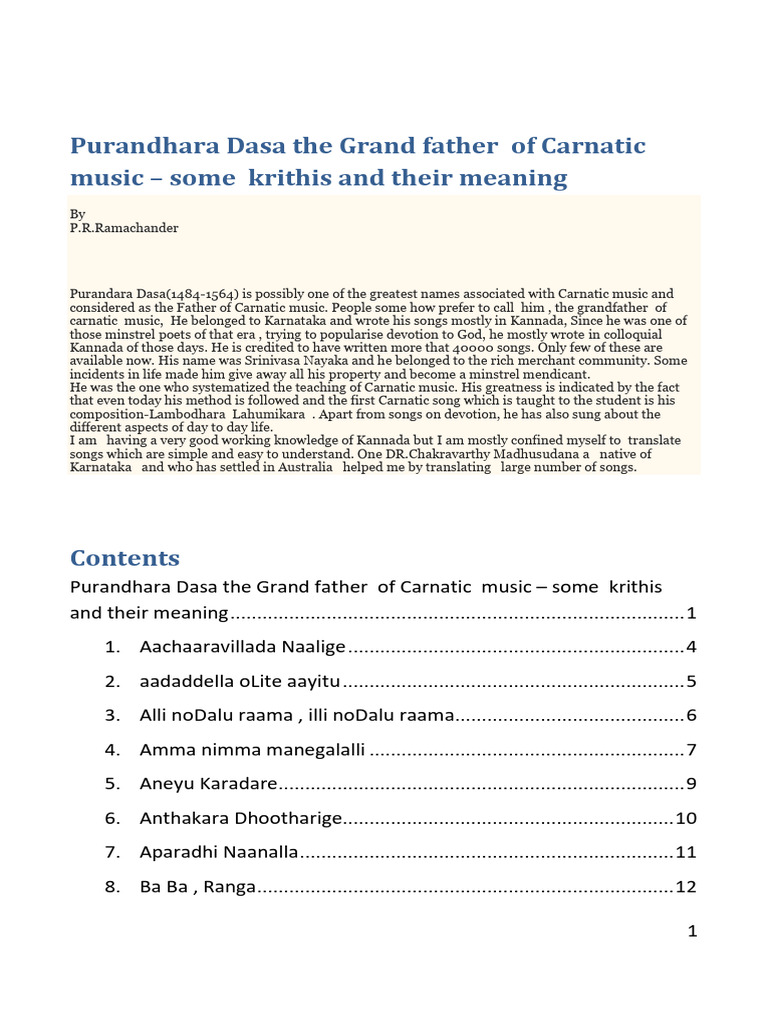 Purandhara Dasa The Grand Father of Carnatic Music - Some Krithis and ...