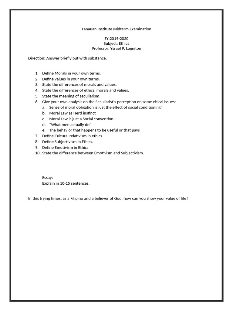 Ethics Midterm Examination | PDF