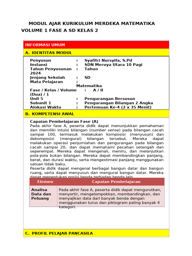 Modul Ajar Kurikulum Merdeka Matematika Volume 1 Fase A SD Kelas 2 | PDF | Karier & Perkembangan ...