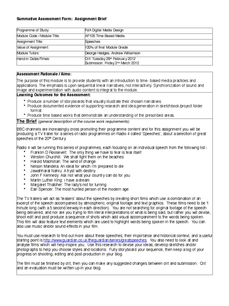 The Brief: Summative Assessment Form: Assignment Brief | PDF | Blog ...