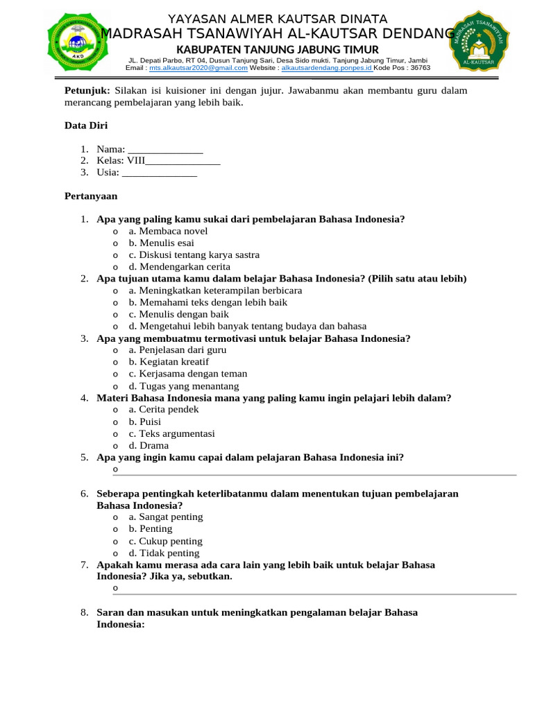 Kuisioner Bindo Kelas Viii | PDF