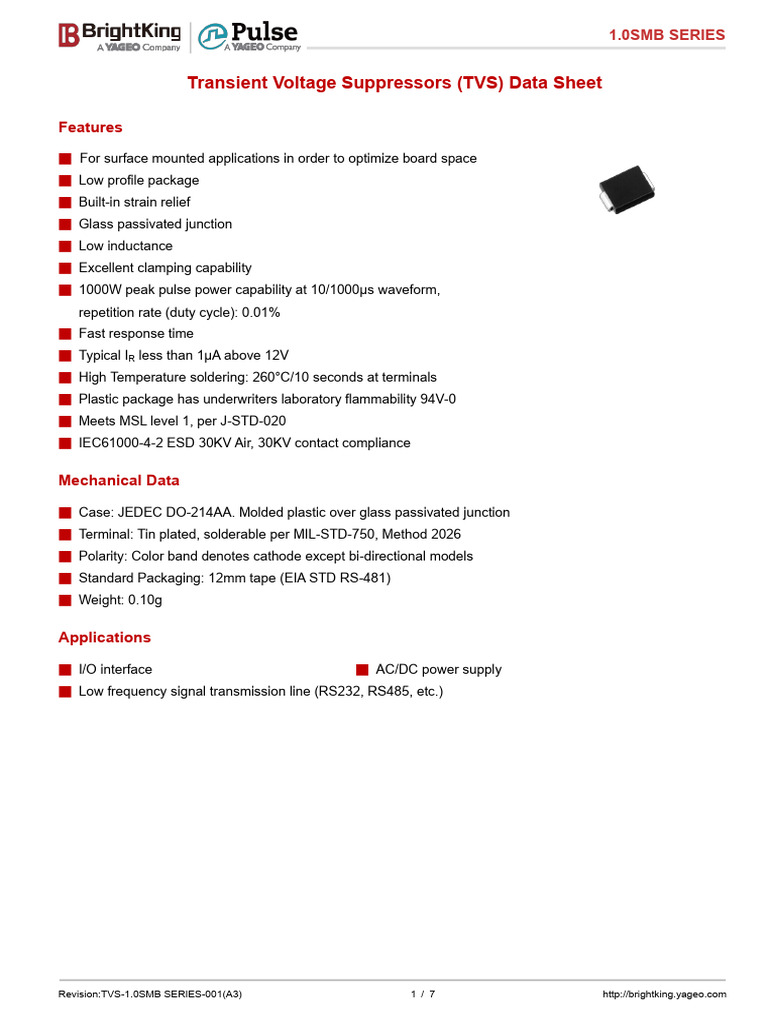Transient Voltage Suppressors (TVS) Data Sheet: Features | PDF | Amplifier | Power Supply