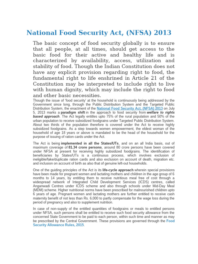 National Food Security Act, (NFSA) 2013 | PDF | Economy Of India ...