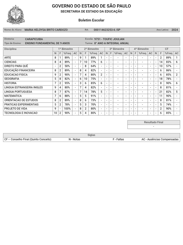 Boletim Escolar Do Aluno | PDF