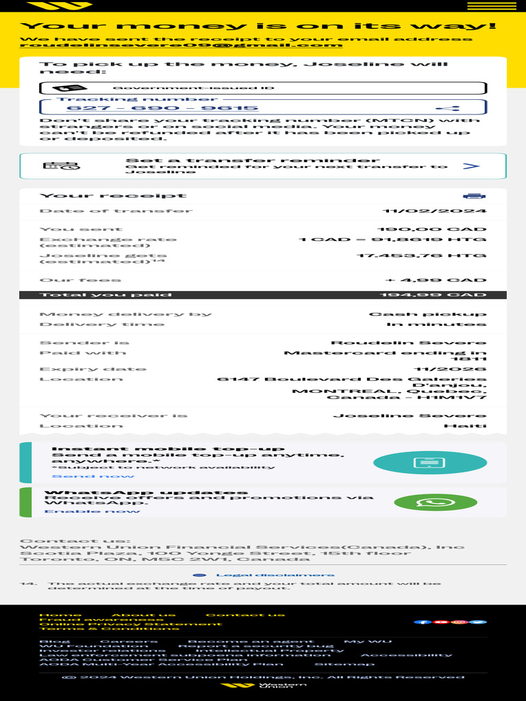 Receipt Western Union CA 6 | PDF | Western Union
