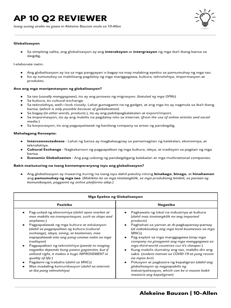 Ap 10 Q2 Reviewer: Alekeine Bauzon - 10-Allen | PDF