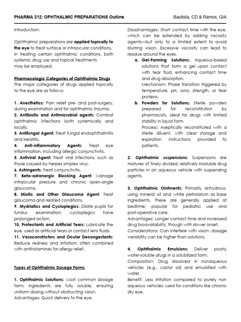 Ophthalmic Preparations OUTLINE | PDF | Pharmaceutical Formulation ...