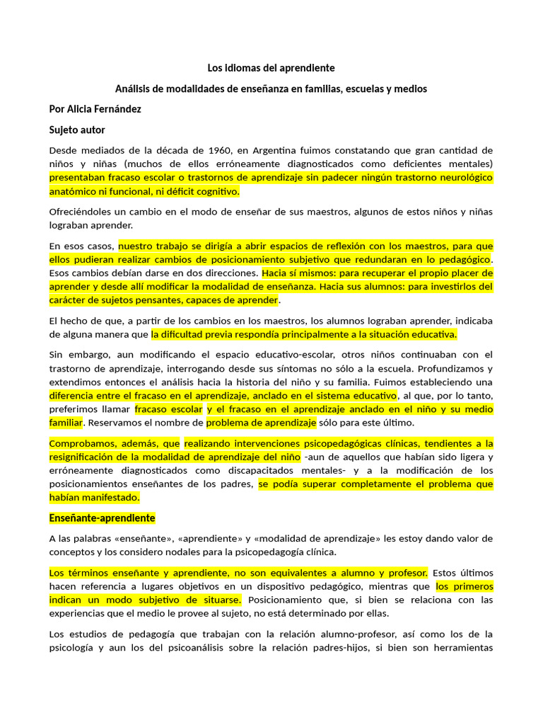 Los Idiomas Del Aprendiente - Autora Alicia Fernandez | PDF ...
