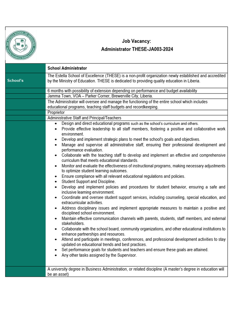 Administrator Job Vacancy | PDF | Teachers | Schools