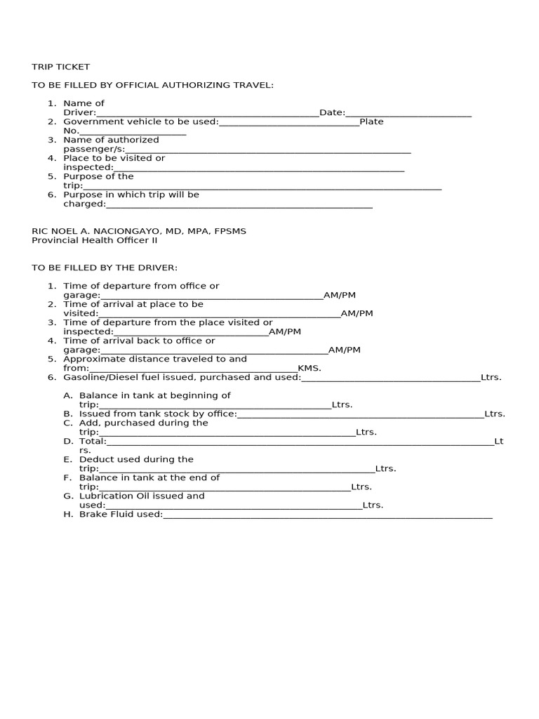 Government Vehicle Trip Ticket Form | PDF