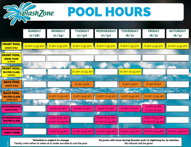 Weekly Pool Schedule and Hours | PDF