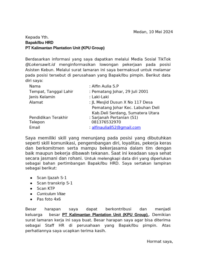 Surat Lamaran KPU | PDF | Pengembangan Diri | Kesehatan Holistik