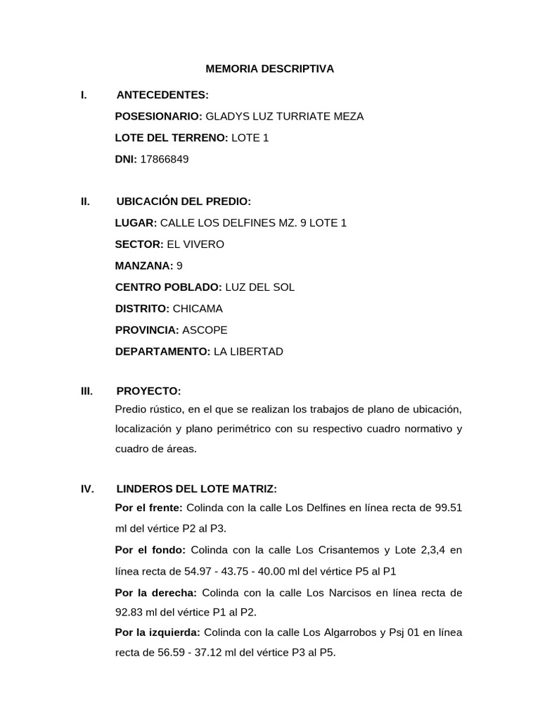 MEMORIA DESCRIPTIVA LOTE 1 - Inversiones E.I.R.L | PDF