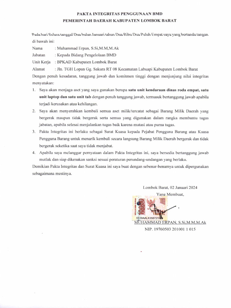 Pakta Integritas - Kabid BMD | PDF