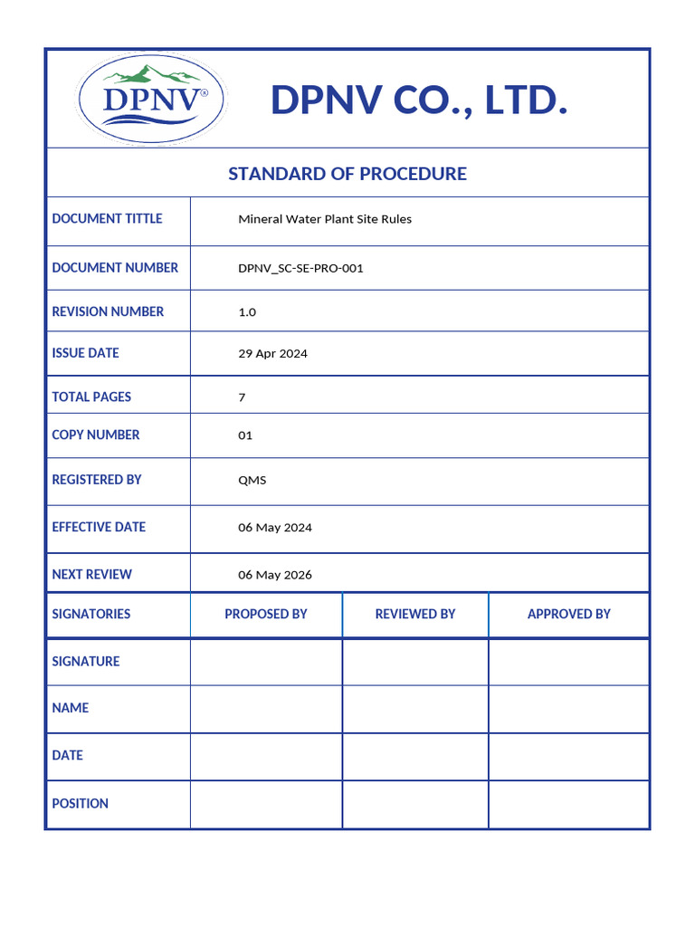 DPNV - SC-SE-PRC-001 Site Rules | PDF | Food Safety | Quality Management System