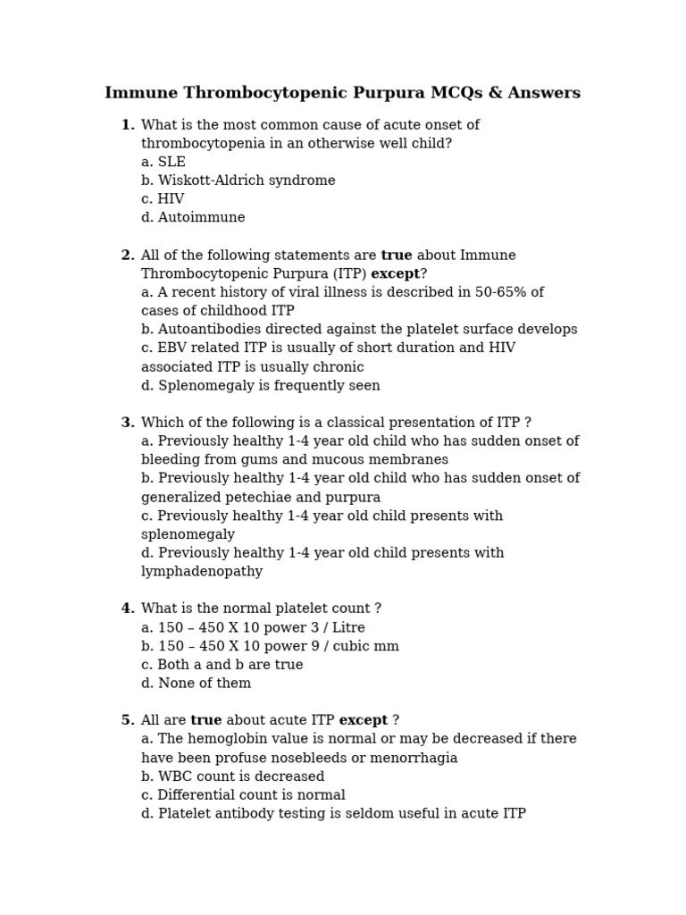 Immune Thrombocytopenic Purpura MCQs | PDF