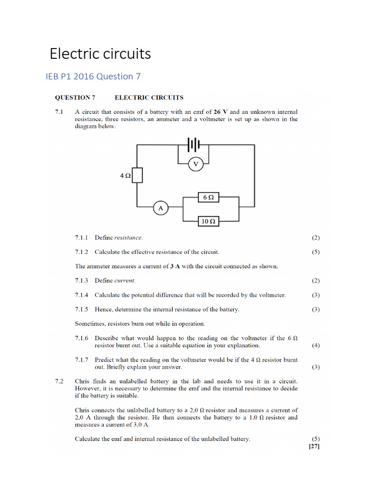 Answer IEB Physical Science Paper 1 - Electric Circuits | PDF | Science & Mathematics ...